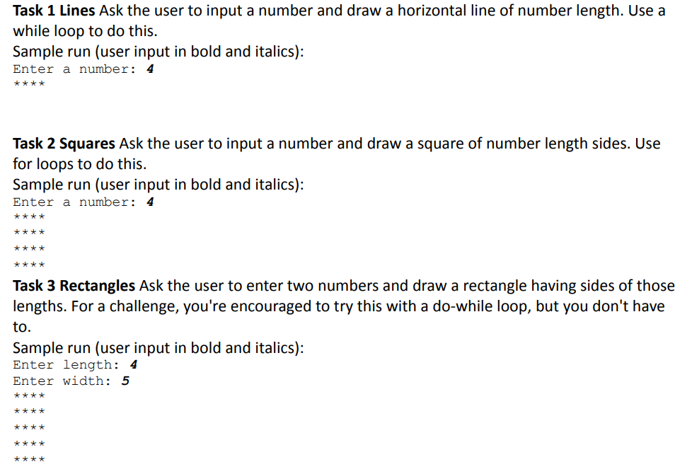 Solved Task 1 Lines Ask the user to input a number and draw | Chegg.com