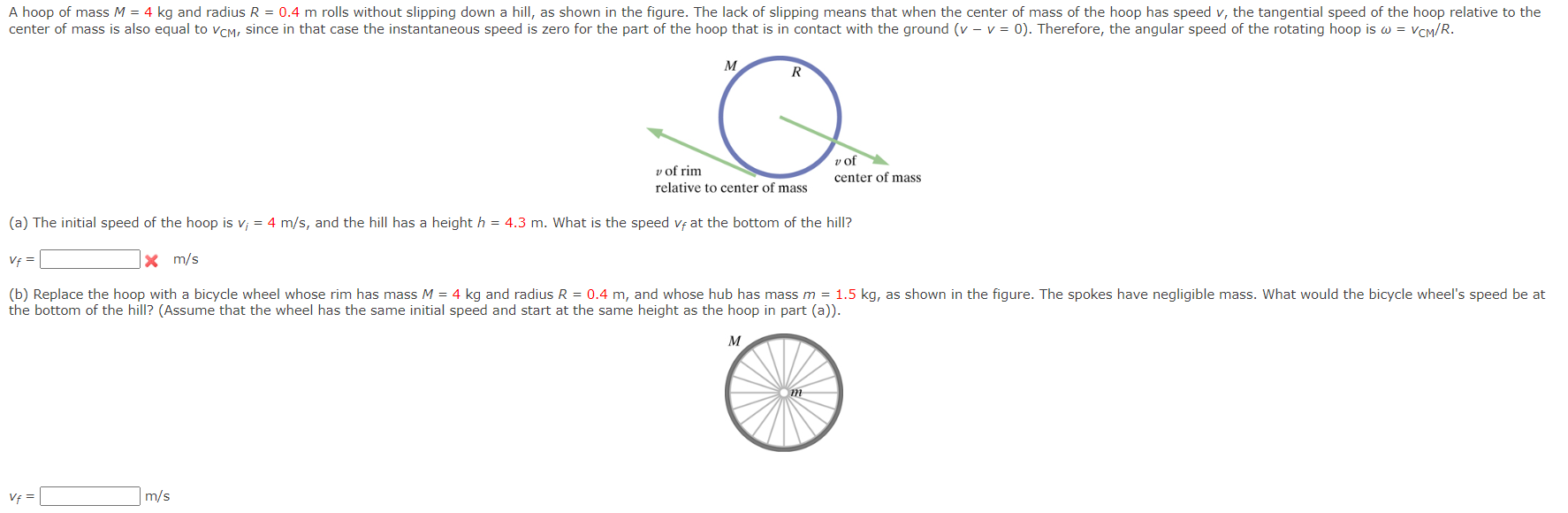 Solved (a) The initial speed of the hoop is vi=4 m/s, and | Chegg.com