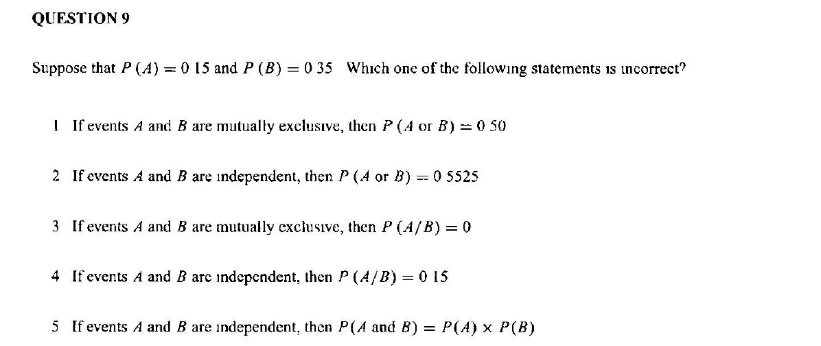 Solved QUESTION 9 Suppose that P (A) = 0 15 and P (B) = 0 35 | Chegg.com