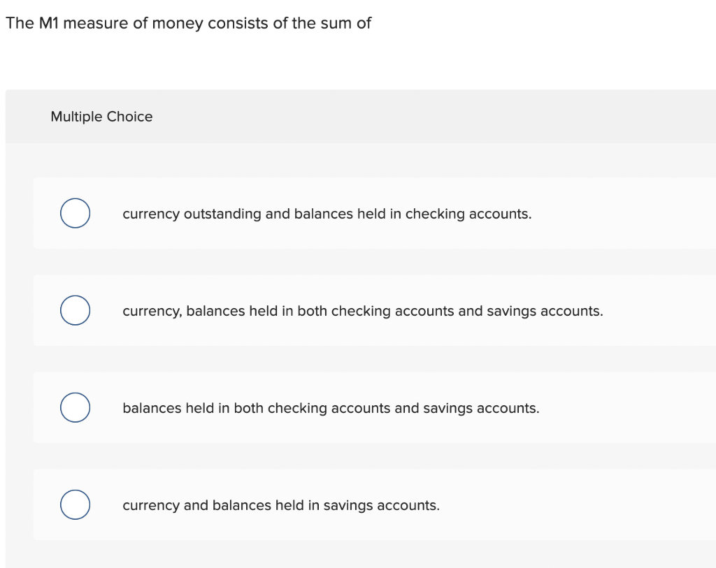 Solved The M1 measure of money consists of the sum of | Chegg.com
