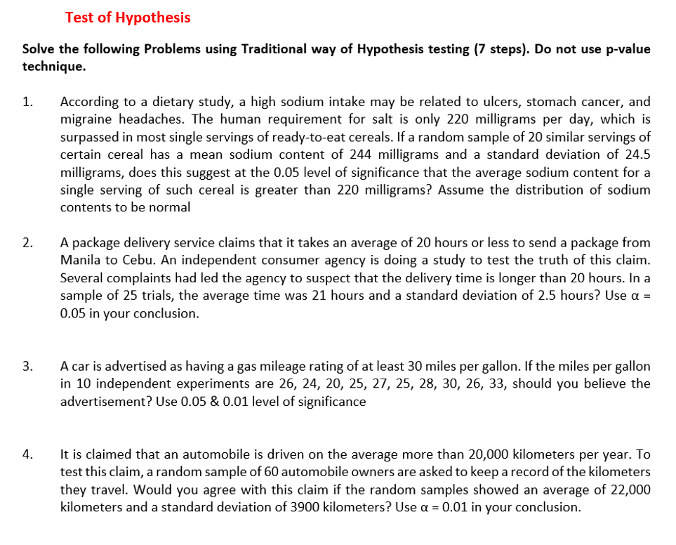Solved Test of Hypothesis Solve the following Problems using | Chegg.com