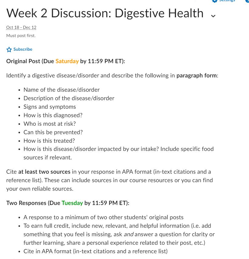Solved Week 2 Discussion: Digestive Health Oct 18− Dec 12 | Chegg.com
