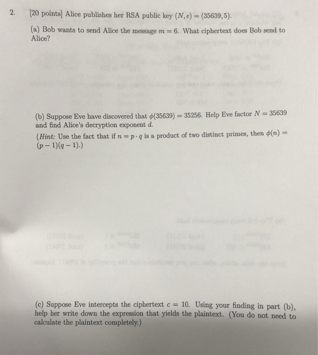 Solved 2. 120 points] Alice publishes her RSA public key | Chegg.com