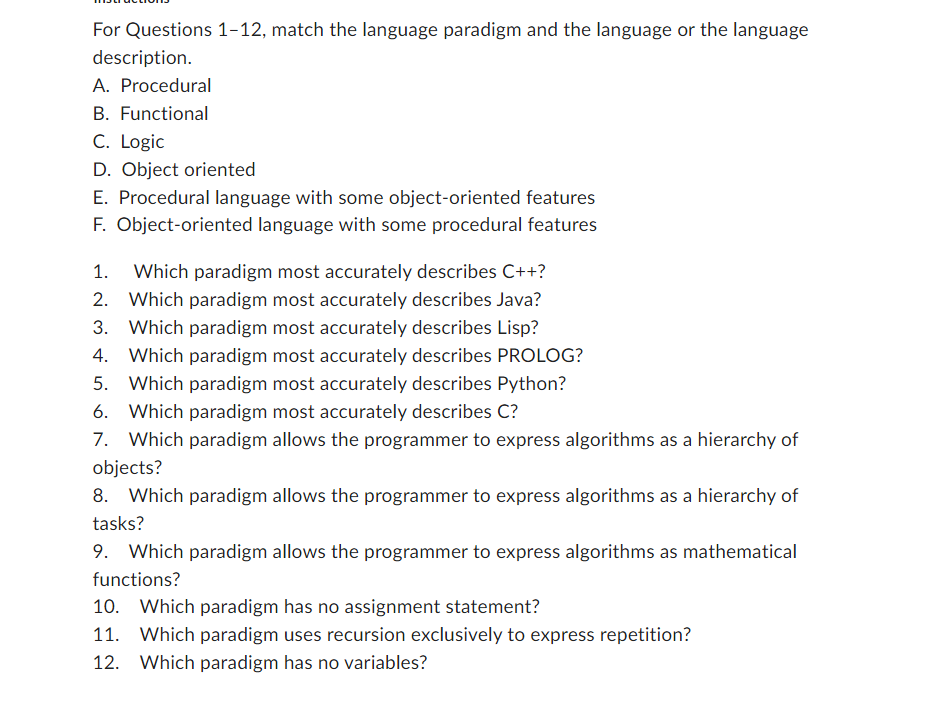 Solved For Questions 1-12, match the language paradigm and | Chegg.com