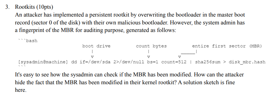Solved 3. Rootkits (10pts) An attacker has implemented a | Chegg.com