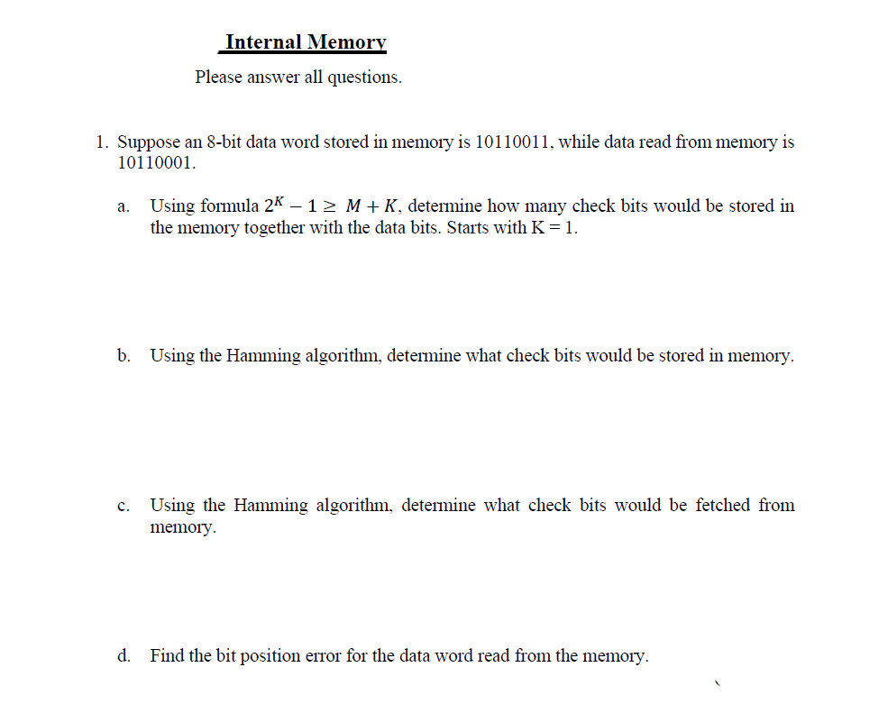 Solved Internal Memory Please answer all questions. 1. | Chegg.com