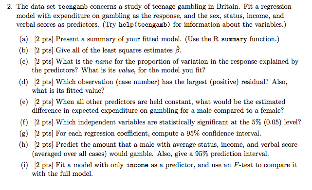 Solved 2. The data set teengamb concerns a study of teenage | Chegg.com