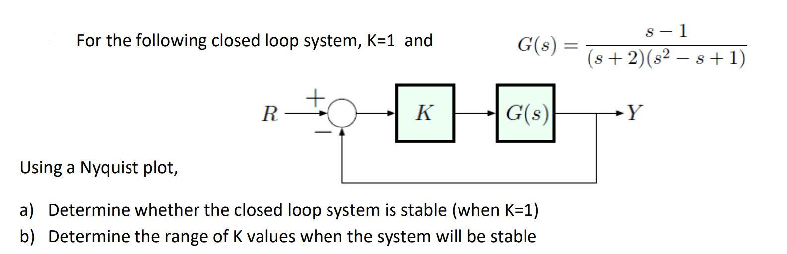 Solved For the following closed loop system, K=1 and G(S) = | Chegg.com