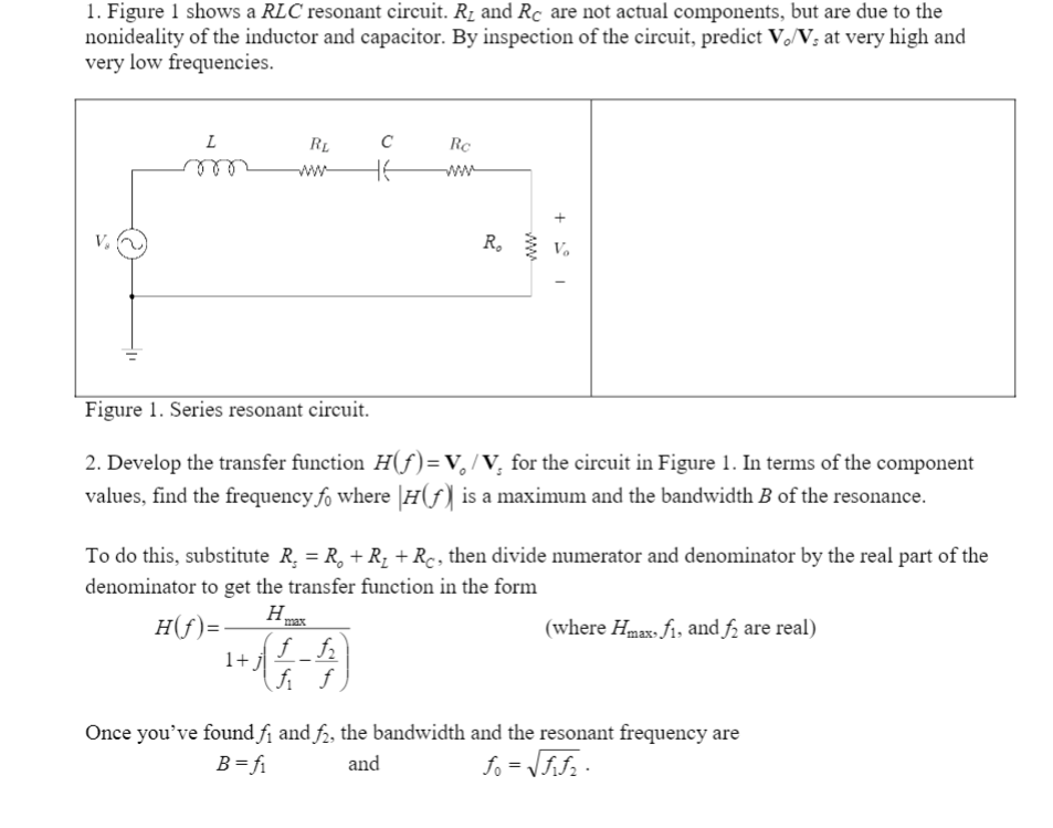 Solved 1. Figure 1 shows a RLC resonant circuit. Rz and Rc | Chegg.com