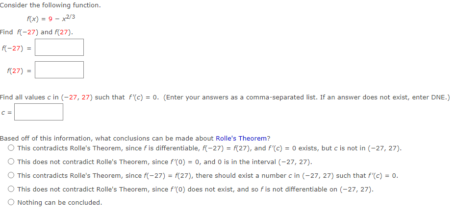 Solved Consider the following function. f(x) = 9 - x2/3 Find | Chegg.com