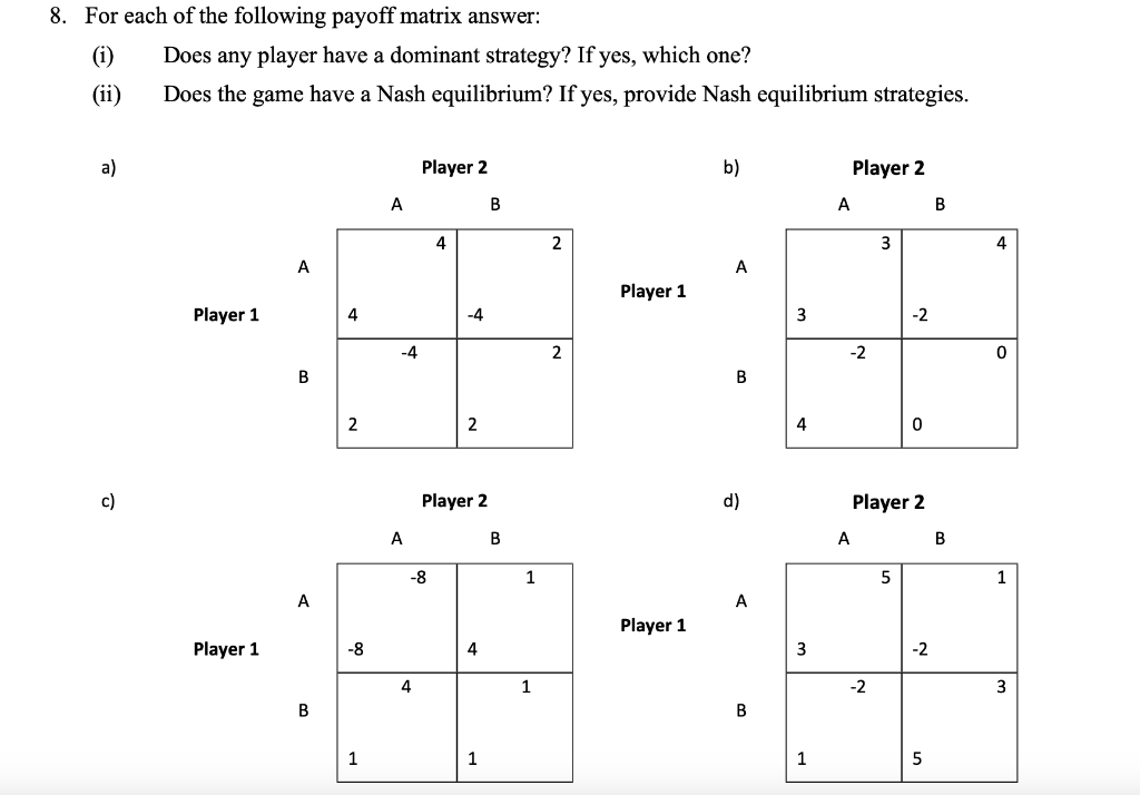 Solved 8. For each of the following payoff matrix answer: | Chegg.com