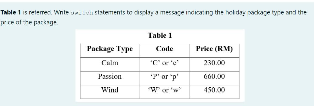 Solved Table 1 is referred. Write switch statements to | Chegg.com