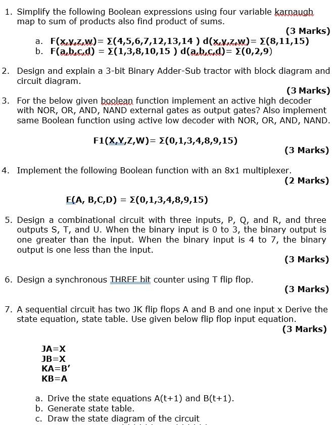1. Simplify the following Boolean expressions using | Chegg.com