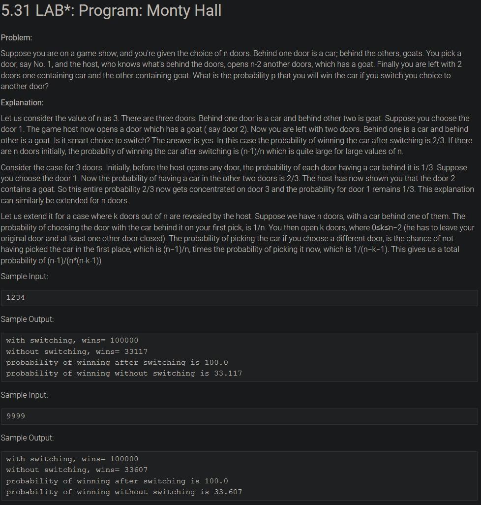 Solved 5.31 LAB*: Program: Monty Hall Problem: Suppose you | Chegg.com