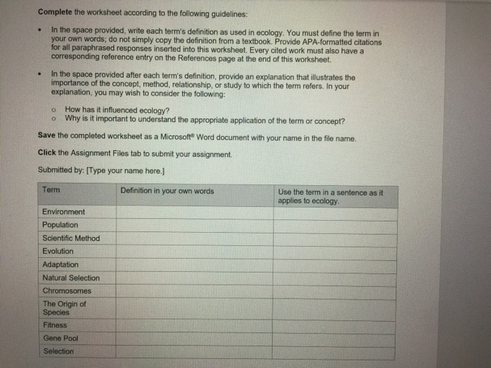 Solved Complete the worksheet according to the following | Chegg.com