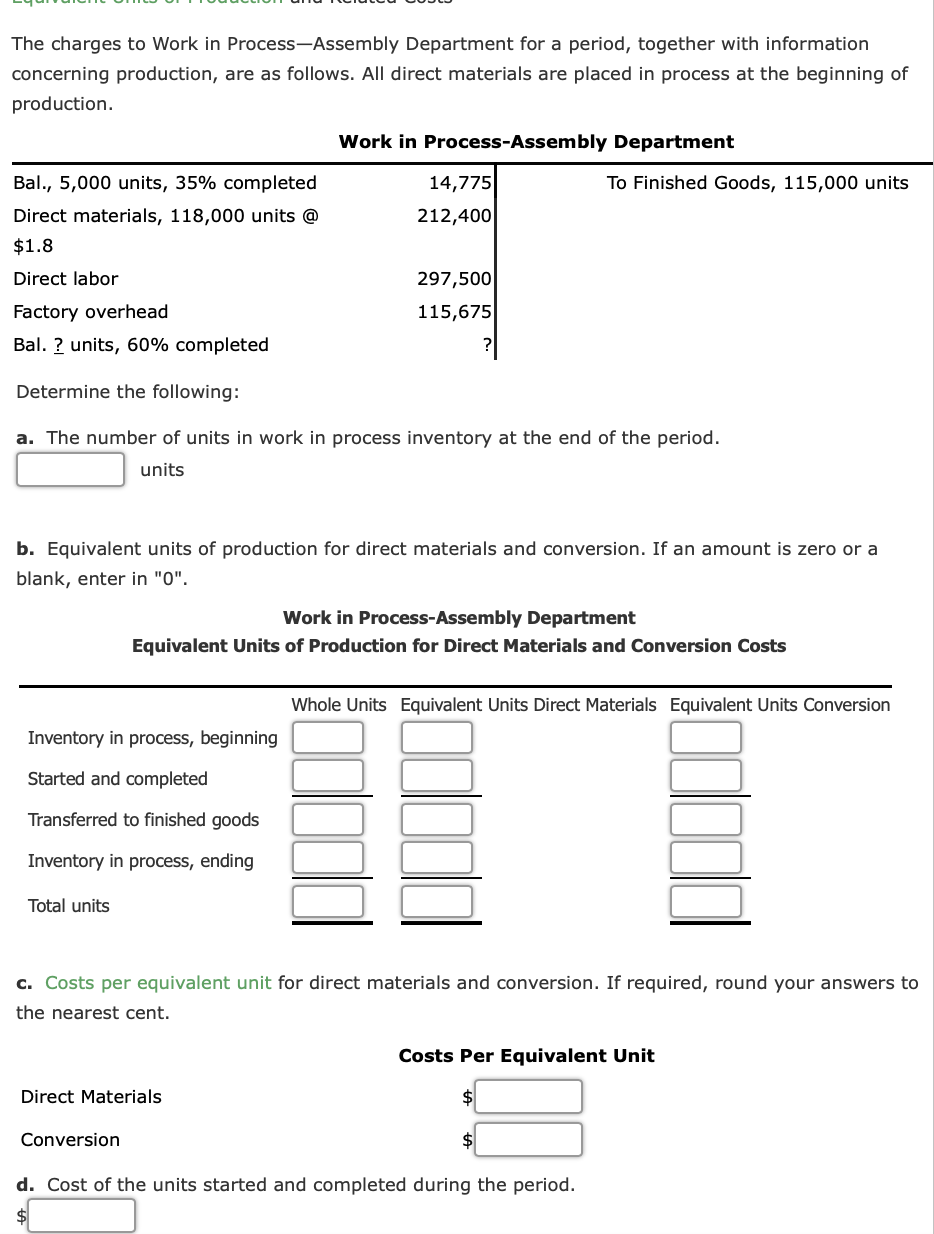 Solved The charges to Work in Process-Assembly Department | Chegg.com