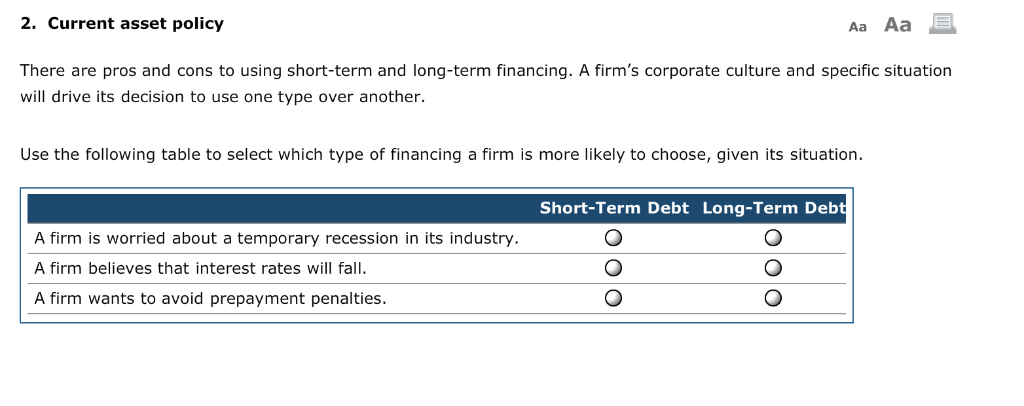 Solved 2. Current asset policy Aa Aa E There are pros and | Chegg.com