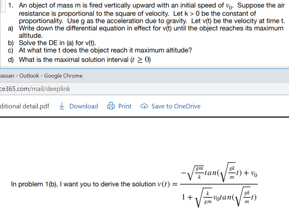 Solved 1. An object of mass m is fired vertically upward | Chegg.com