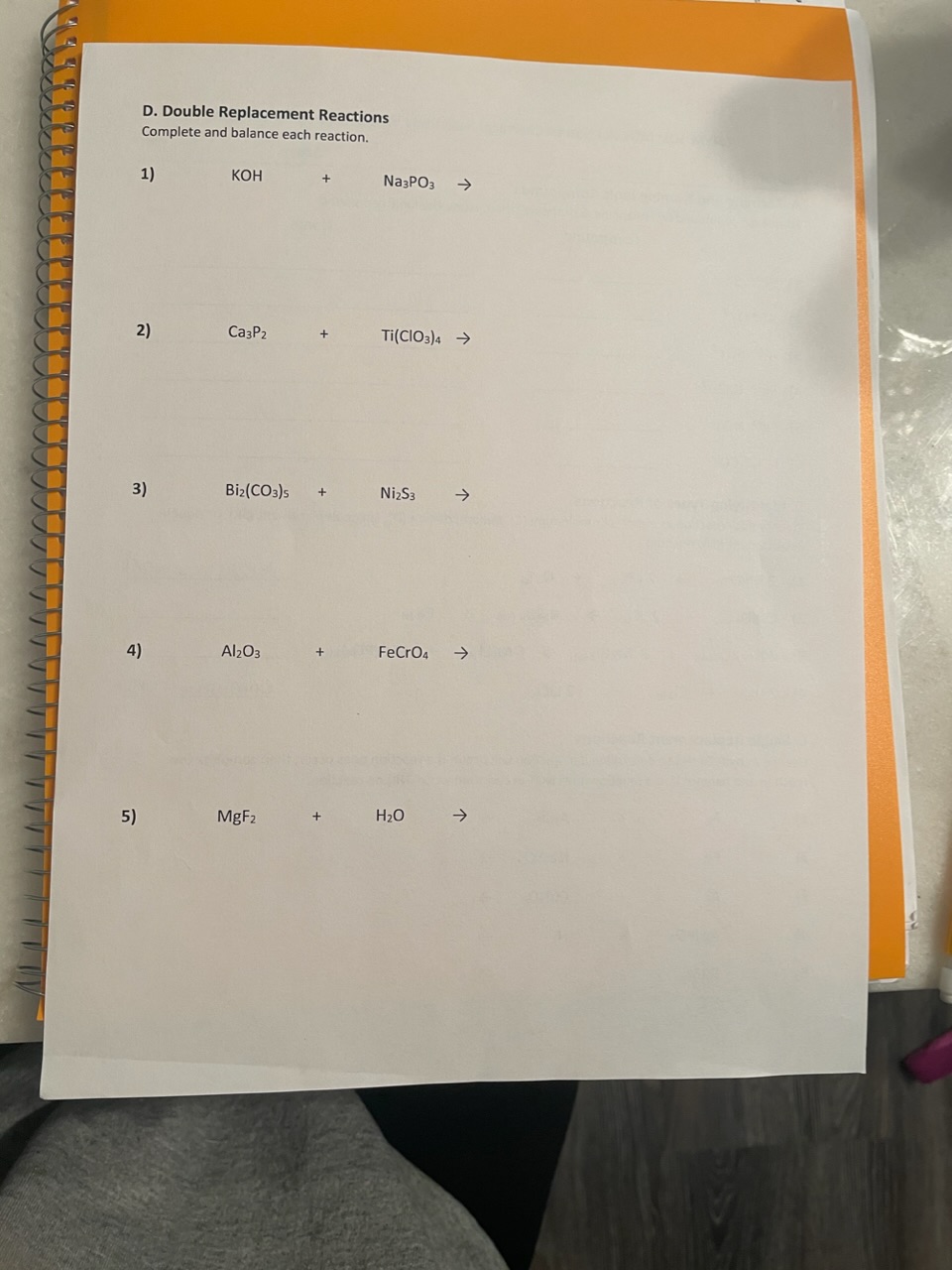 Solved D. Double Replacement Reactions Complete and balance | Chegg.com