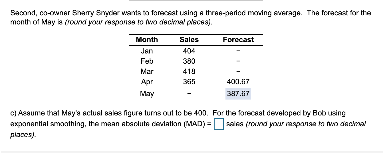 Solved Second, co-owner Sherry Snyder wants to forecast | Chegg.com