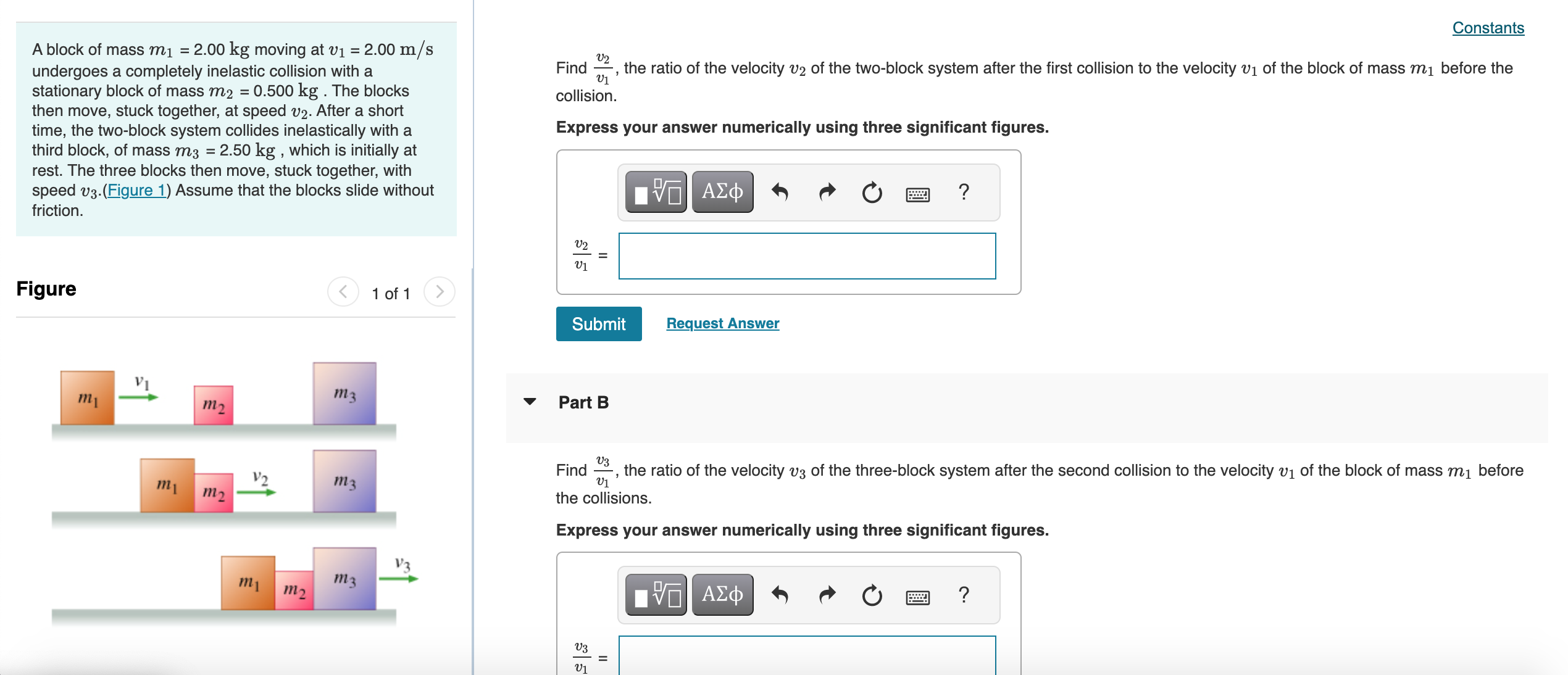 Solved Constants A block of mass m1=2.00 kg moving at | Chegg.com