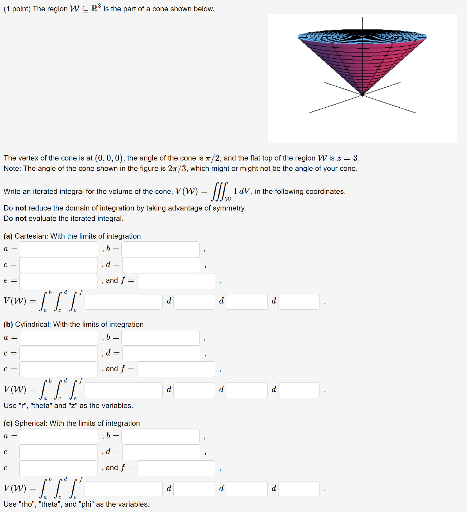 Solved (1 point) The region WC R3 is the part of a cone | Chegg.com