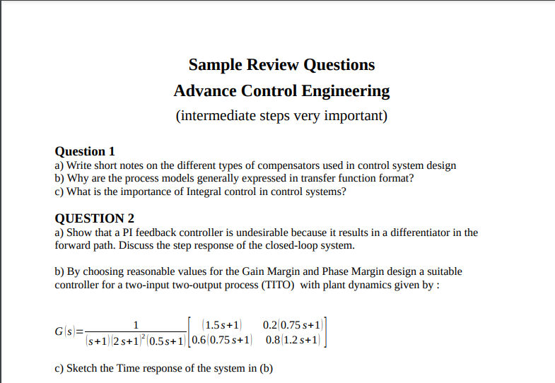 Solved Sample Review Questions Advance Control Engineering | Chegg.com