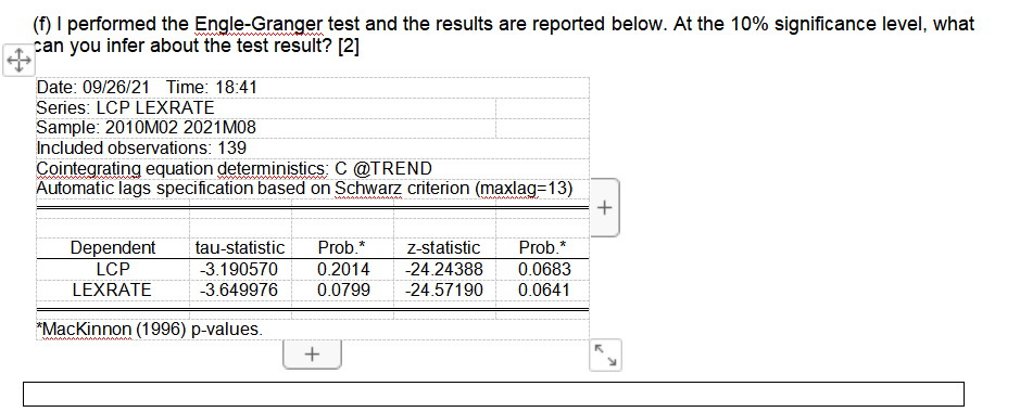 Solved (f) I performed the Engle-Granger test and the | Chegg.com