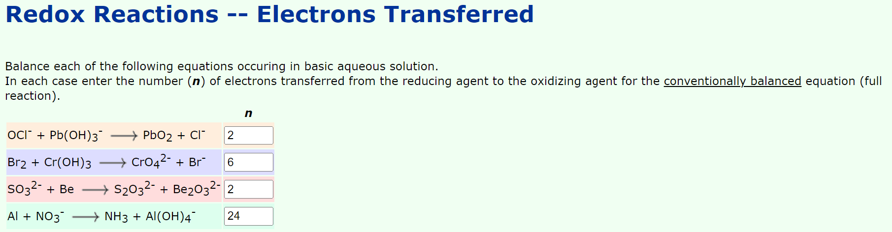 Solved Redox Reactions -- Electrons Transferred Balance each | Chegg.com