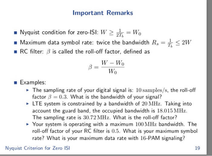 Solved Important Remarks Nyquist condition for zero-IS: W2W | Chegg.com