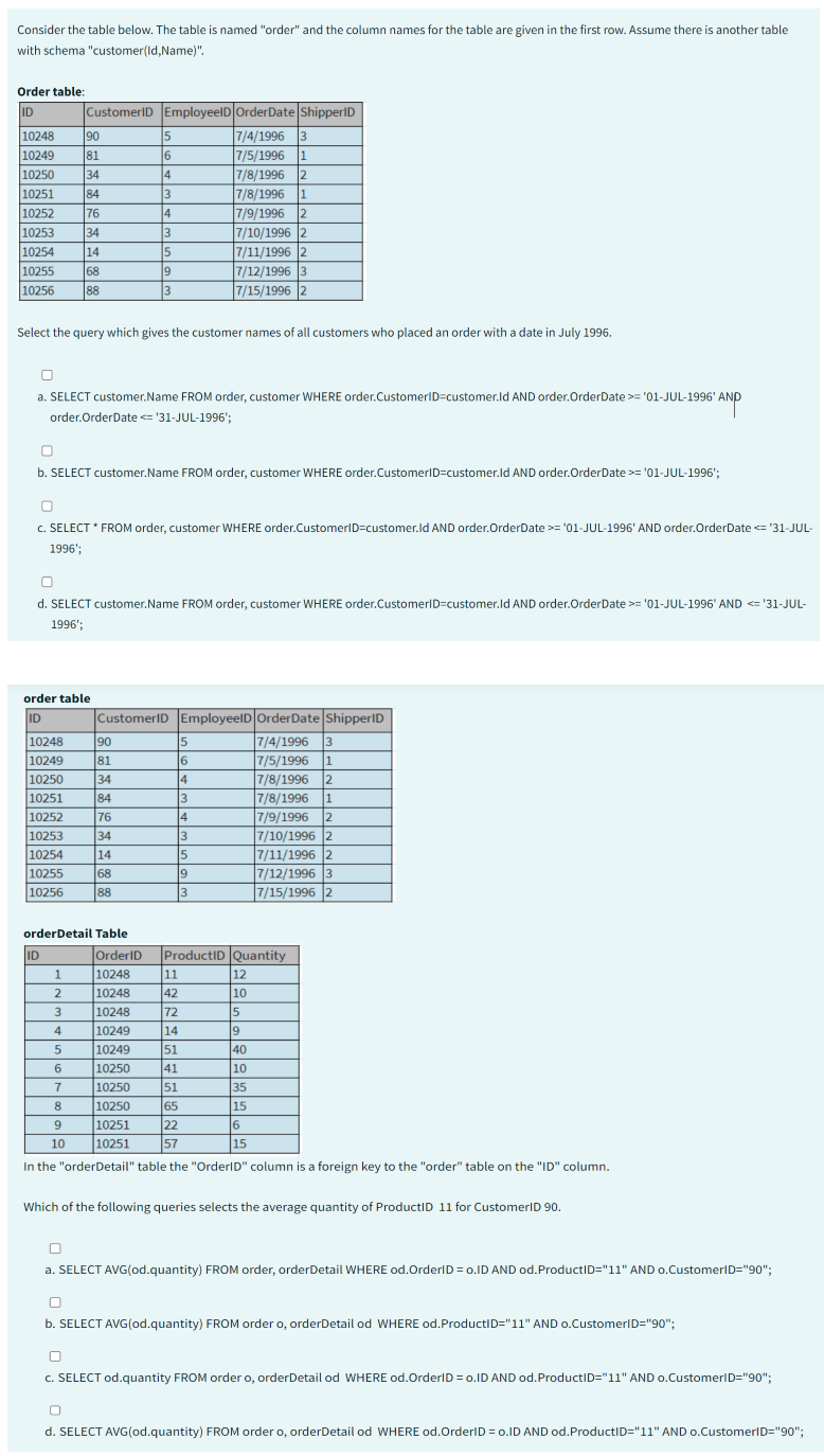 Solved Consider the table below. The table is named "order" | Chegg.com