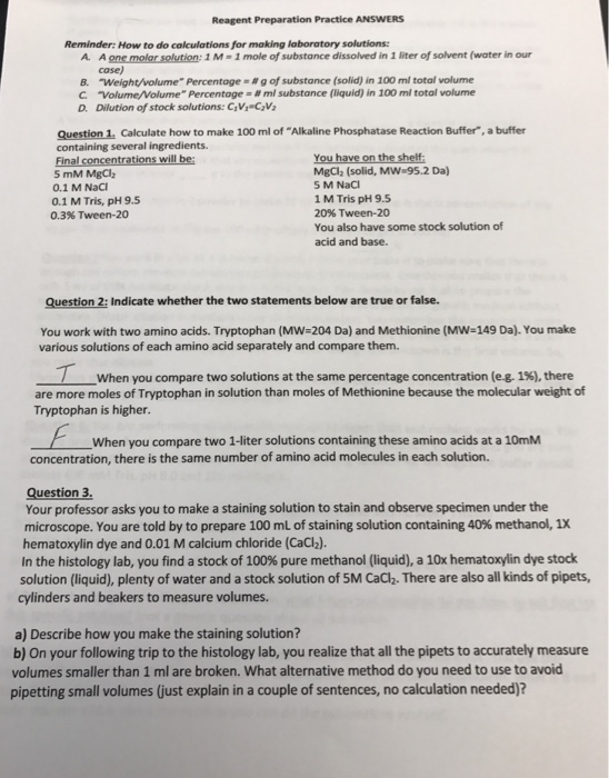 Solved Reagent Preparation Practice ANSWERS Reminder: How to | Chegg.com