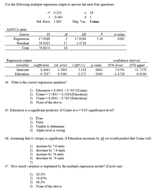 Solved Use the following multiple regression output to | Chegg.com