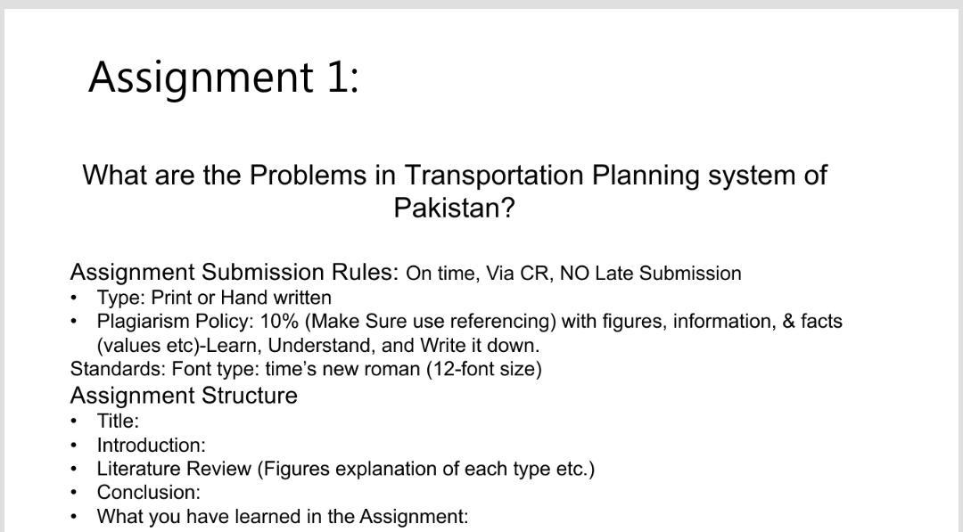 Solved Assignment 1: What are the Problems in Transportation | Chegg.com