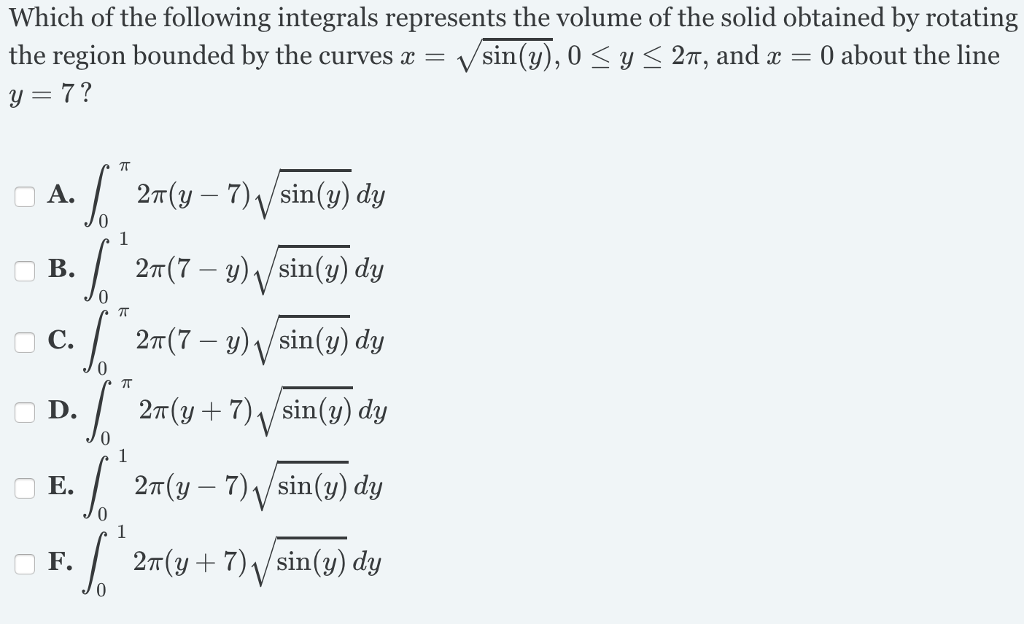 Solved Which of the following integrals represents the | Chegg.com