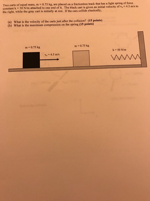 Solved Two carts of equal mass, m = 0.75 kg, are placed on a | Chegg.com