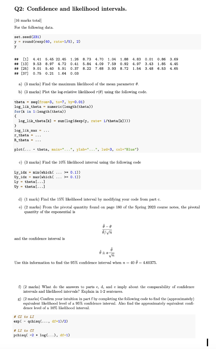 Solved Q2: Confidence and likelihood intervals. [16 marks | Chegg.com