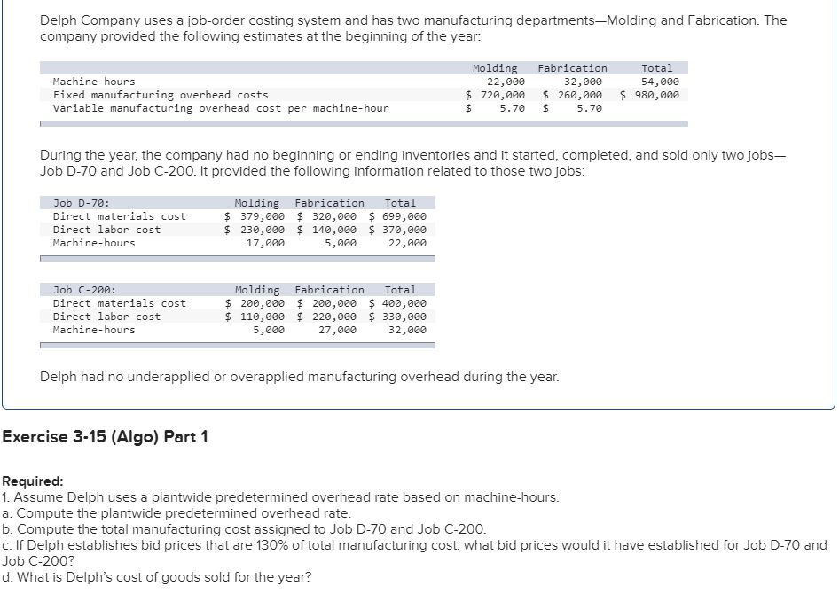 Solved Delph Company Uses A Job order Costing System And Has Chegg