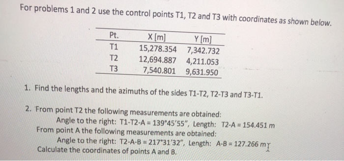 Solved For problems 1 and 2 use the control points T1, T2 | Chegg.com