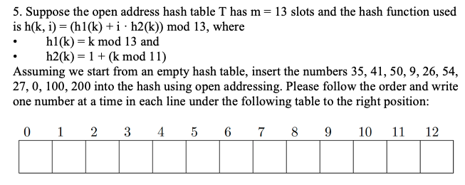 Solved 5. Suppose the open address hash table T has m= 13 | Chegg.com
