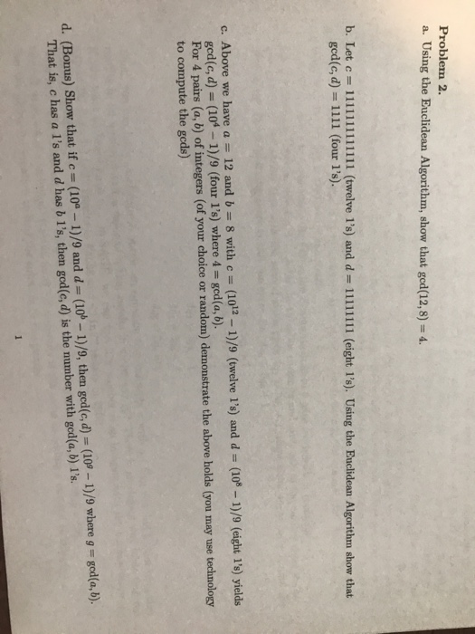 Solved Problem 2. a. Using the Euclidean Algorithm, show | Chegg.com