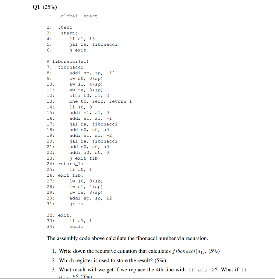 Solved Q1 (25%) The assembly code above calculate the | Chegg.com