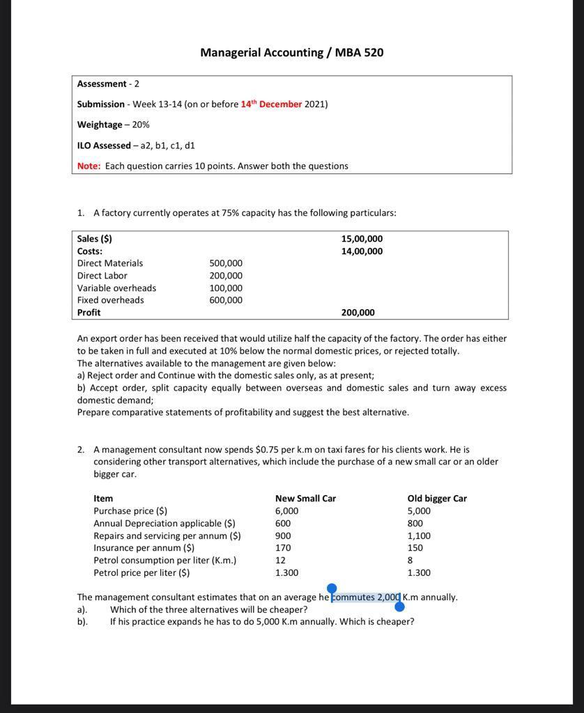 Solved Managerial Accounting / MBA 520 Assessment - 2 | Chegg.com