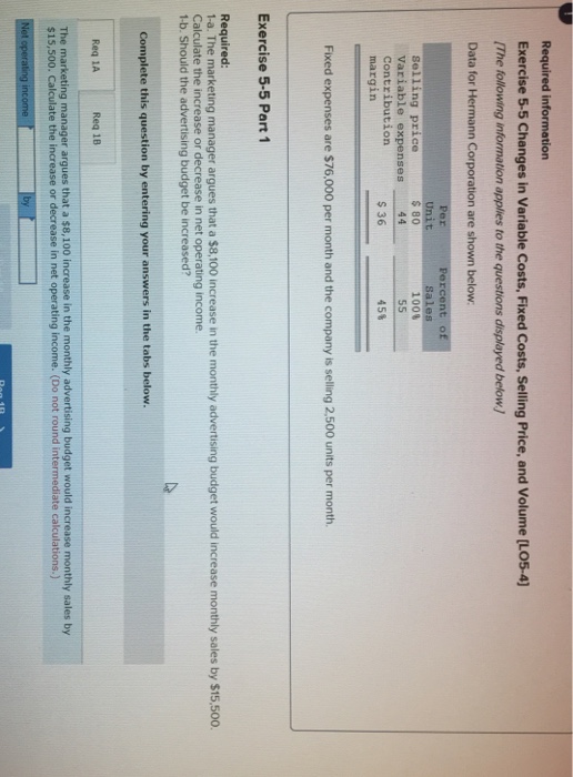 Solved Required information Exercise 5-5 Changes in Variable | Chegg.com