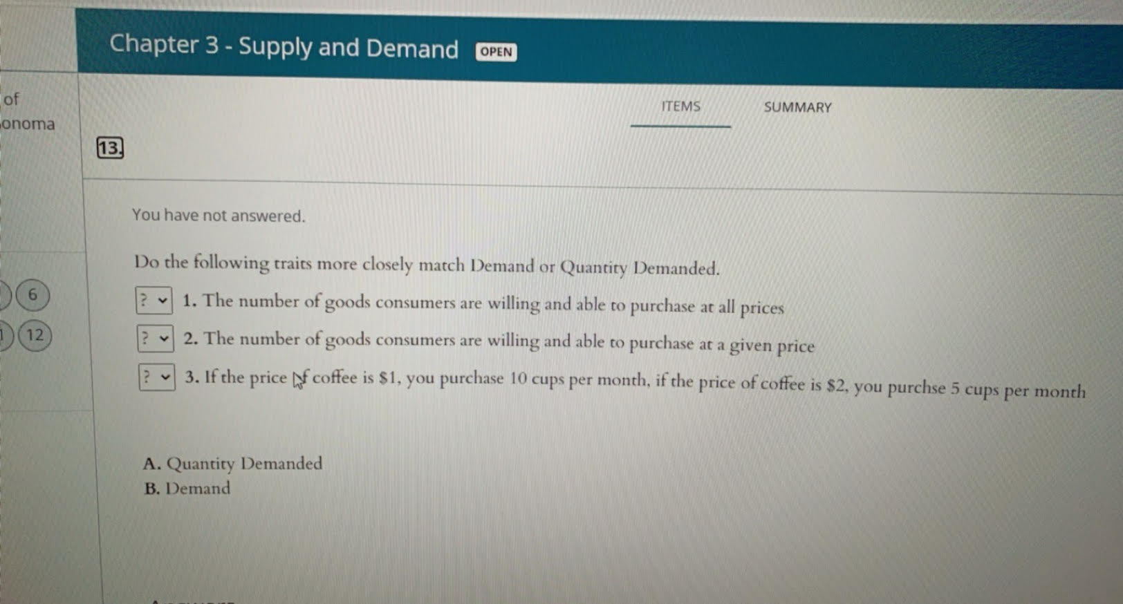 Solved Chapter 3 - Supply and Demand OPEN of ITEMS SUMMARY | Chegg.com
