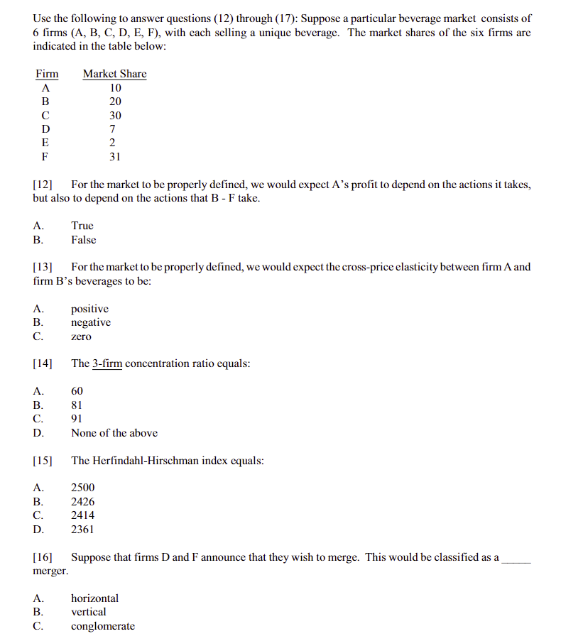 Solved Use the following to answer questions (12) through | Chegg.com