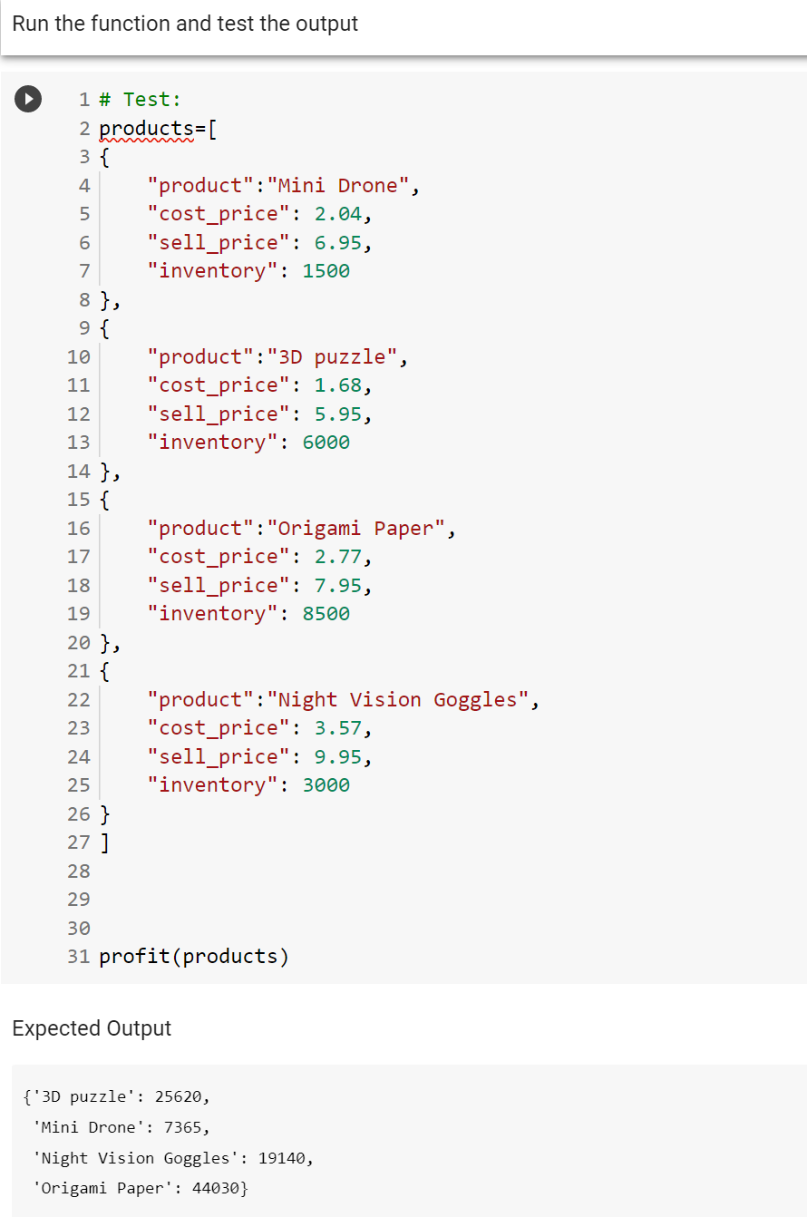 Solved ] 1 def 23 profit(dct): # YOUR CODE Run the function | Chegg.com