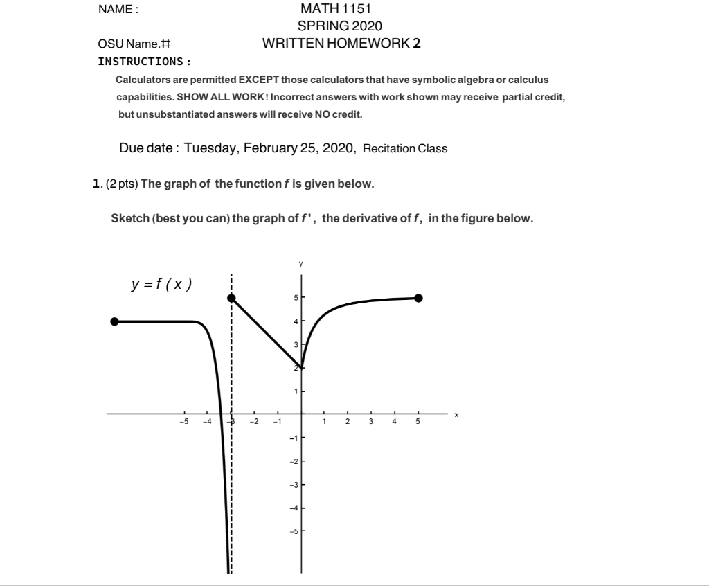 Solved NAME: MATH 1151 SPRING 2020 OSU Name. WRITTEN | Chegg.com