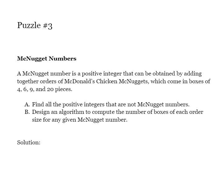 Solved Puzzle #3 MeNugget Numbers A McNugget number is a | Chegg.com