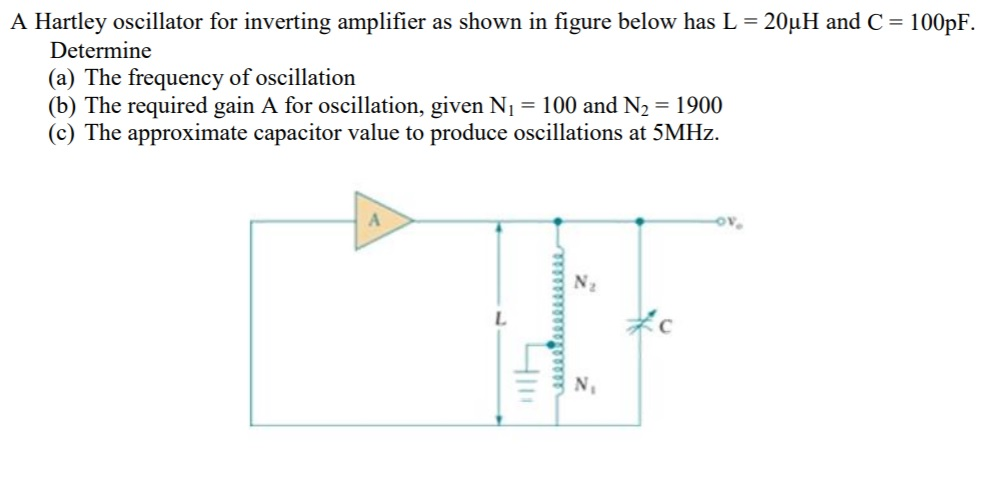 Solved A Hartley oscillator for inverting amplifier as shown | Chegg.com